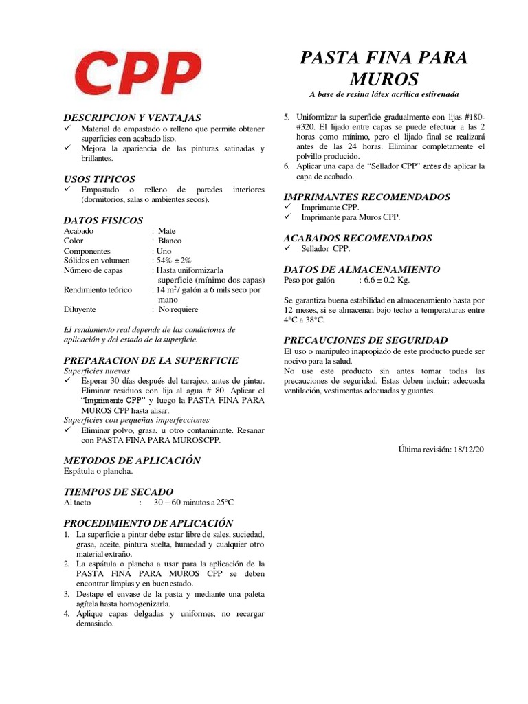 Pasta Fina para Muros CPP: Usos y Aplicación | PDF | Pintar | Materiales
