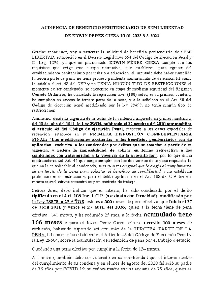 Solicitud de Semilibertad de Edwin Pérez | PDF | Castigos | Derecho penal