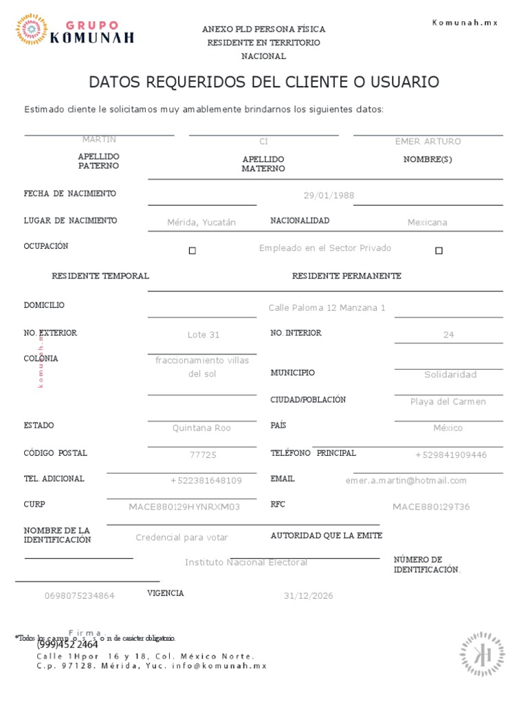 Datos Requeridos Del Cliente O Usuario: Estimado Cliente Le Solicitamos Muy Amablemente ...