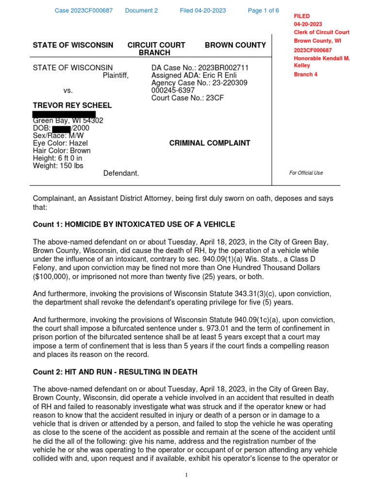Trevor Scheel Criminal Complaint | PDF | Drunk Driving In The United ...