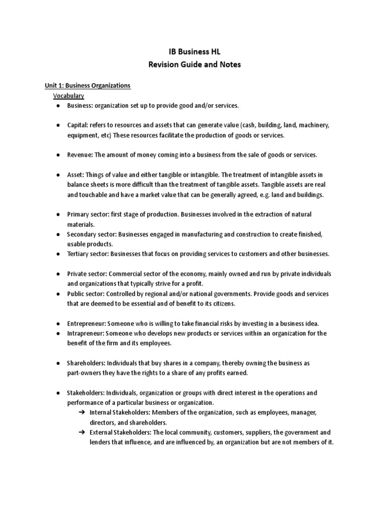 IB Business HL: Unit 1 Revision Guide | PDF | Marketing | Motivation