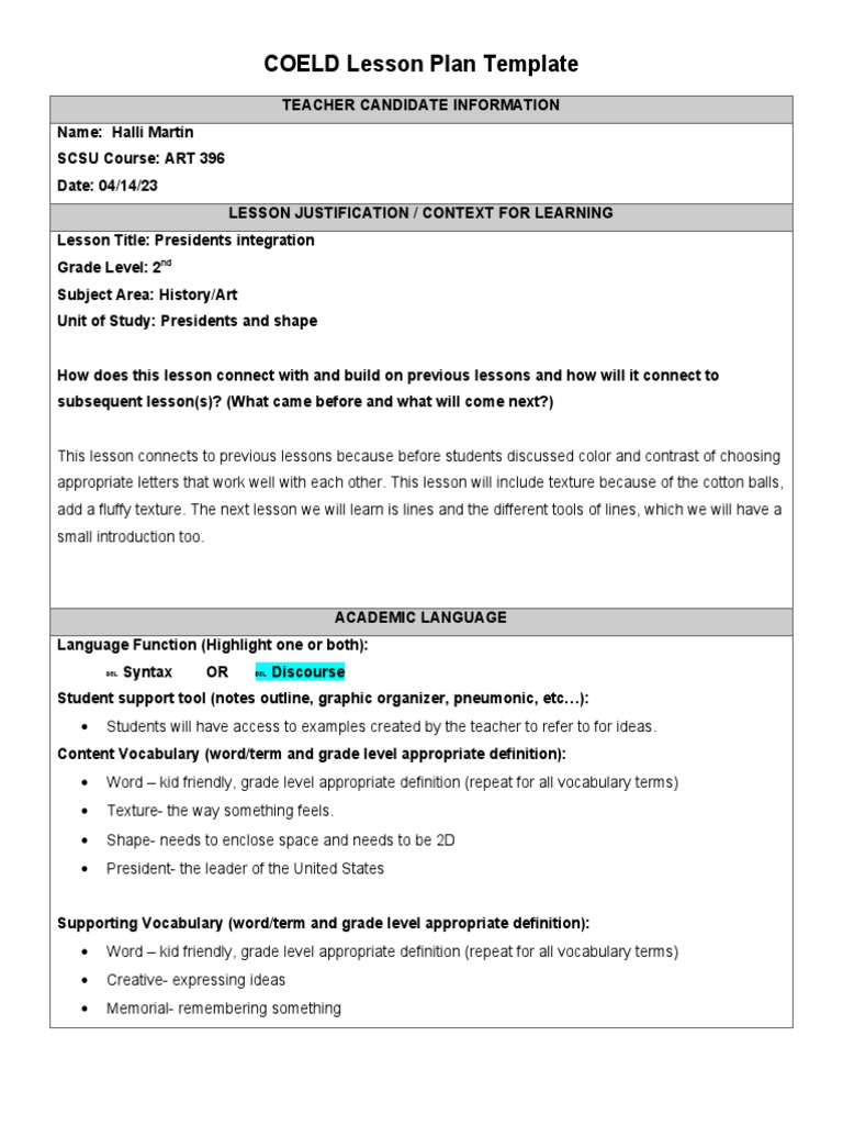 Ed Tpa Lesson | PDF | Teachers | Vocabulary