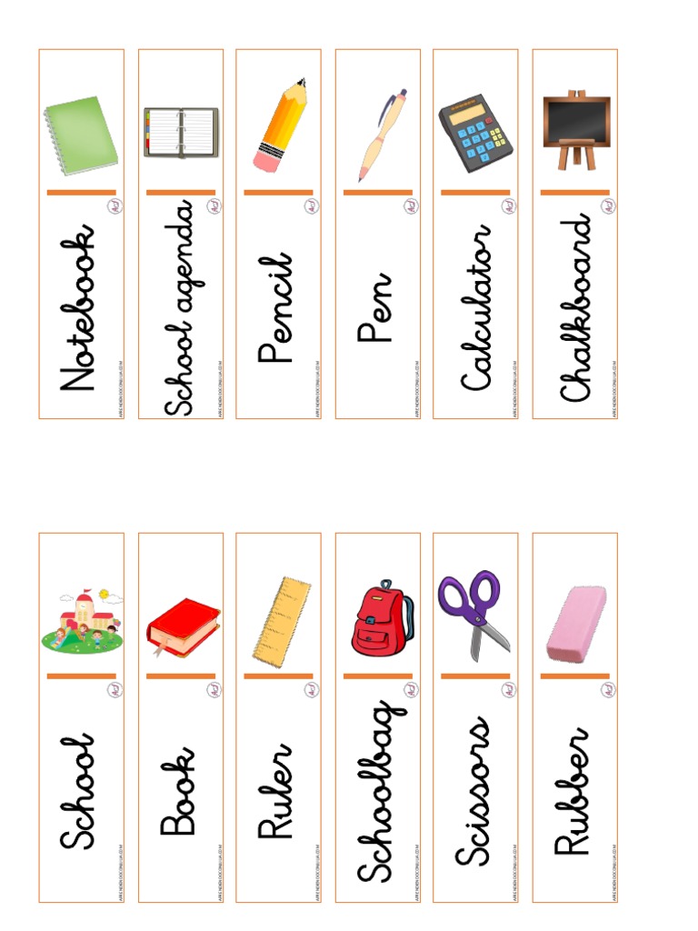 Tarjetas de Vocabulario Material Escolar INGLÉS | PDF | Artes del ...
