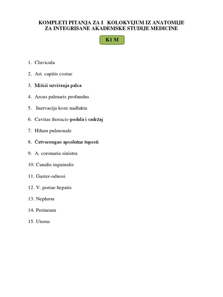 Anatomija Kolokvijum 1 | PDF