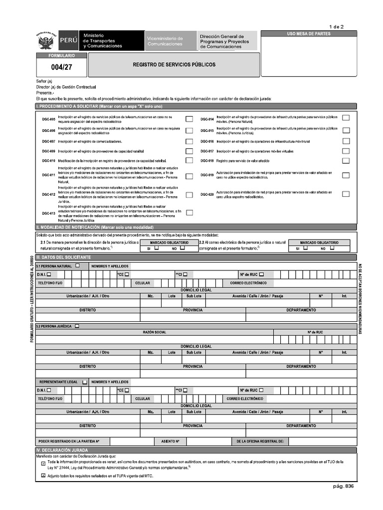 Formulario de Solicitud - Registro de Servicios Públicos PDF | PDF