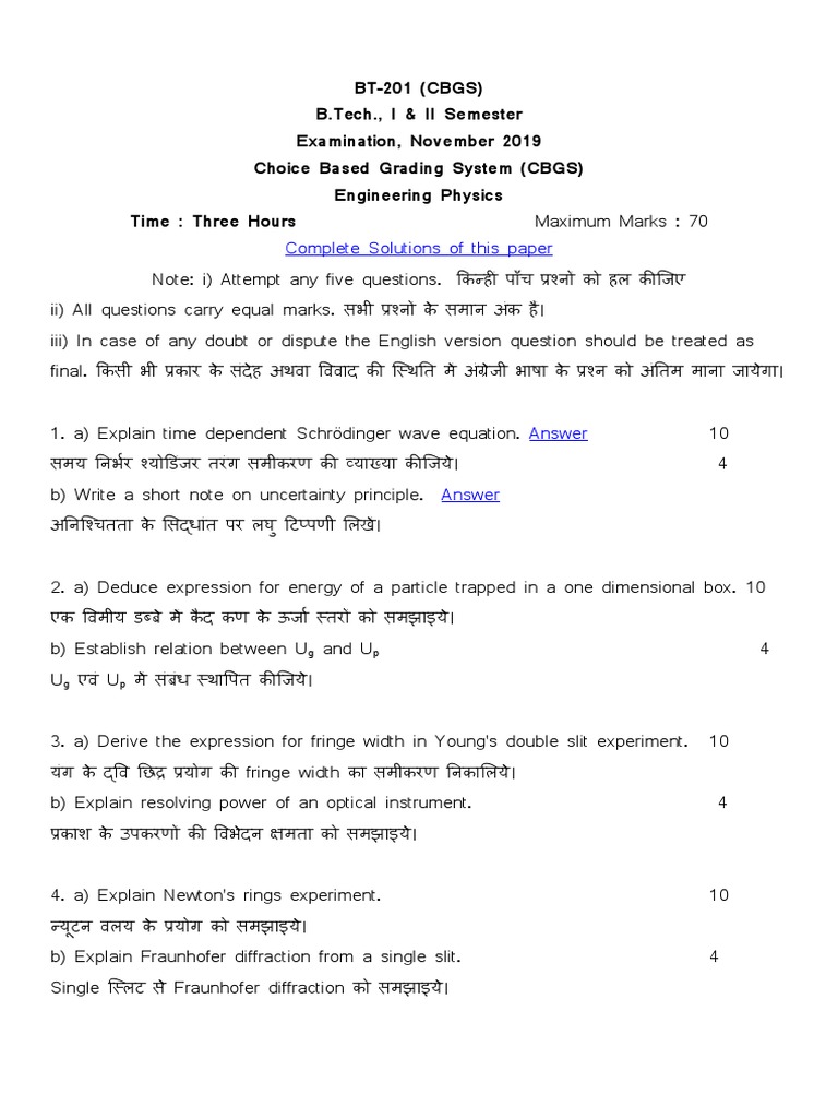 BT 201 Engineering Physics Nov 2019 | PDF | Diffraction | Atomic