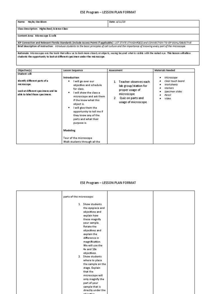 Microscope Lesson Plan | PDF