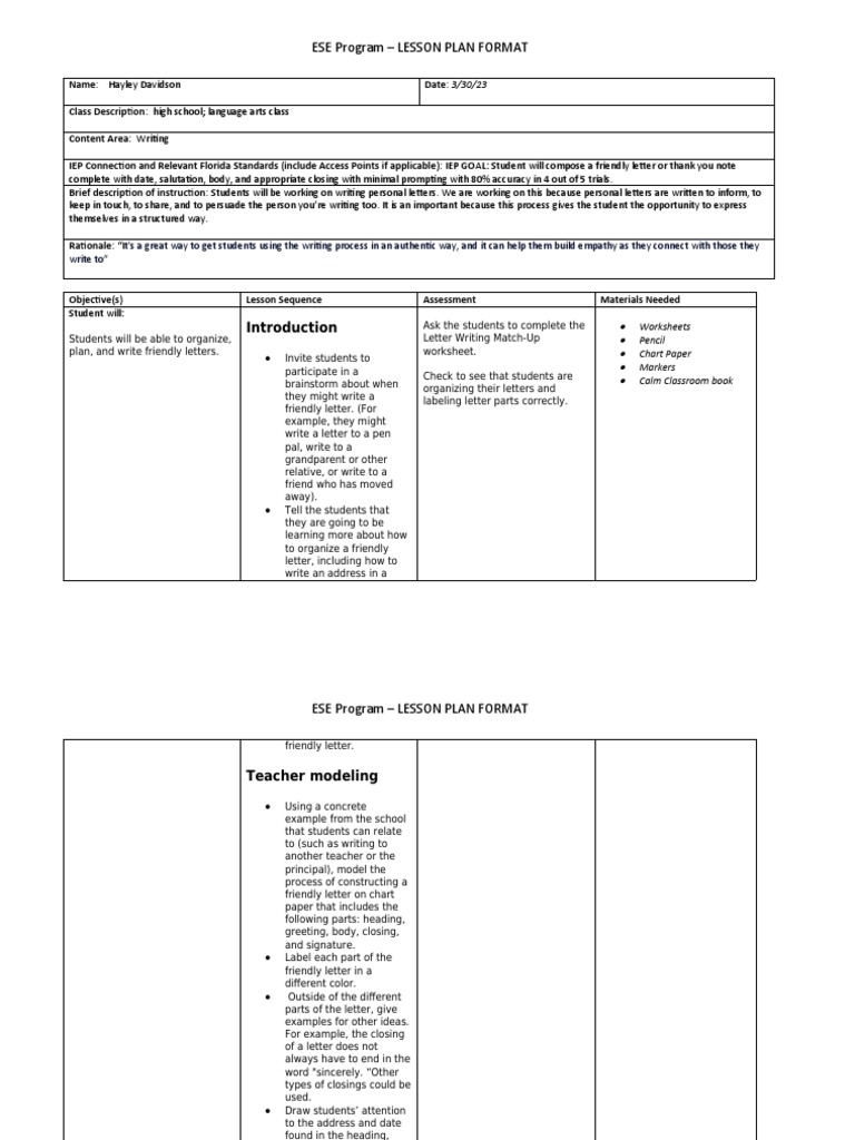 High School Friendly Letter Lesson Plan | PDF | Lesson Plan | Cognitive ...
