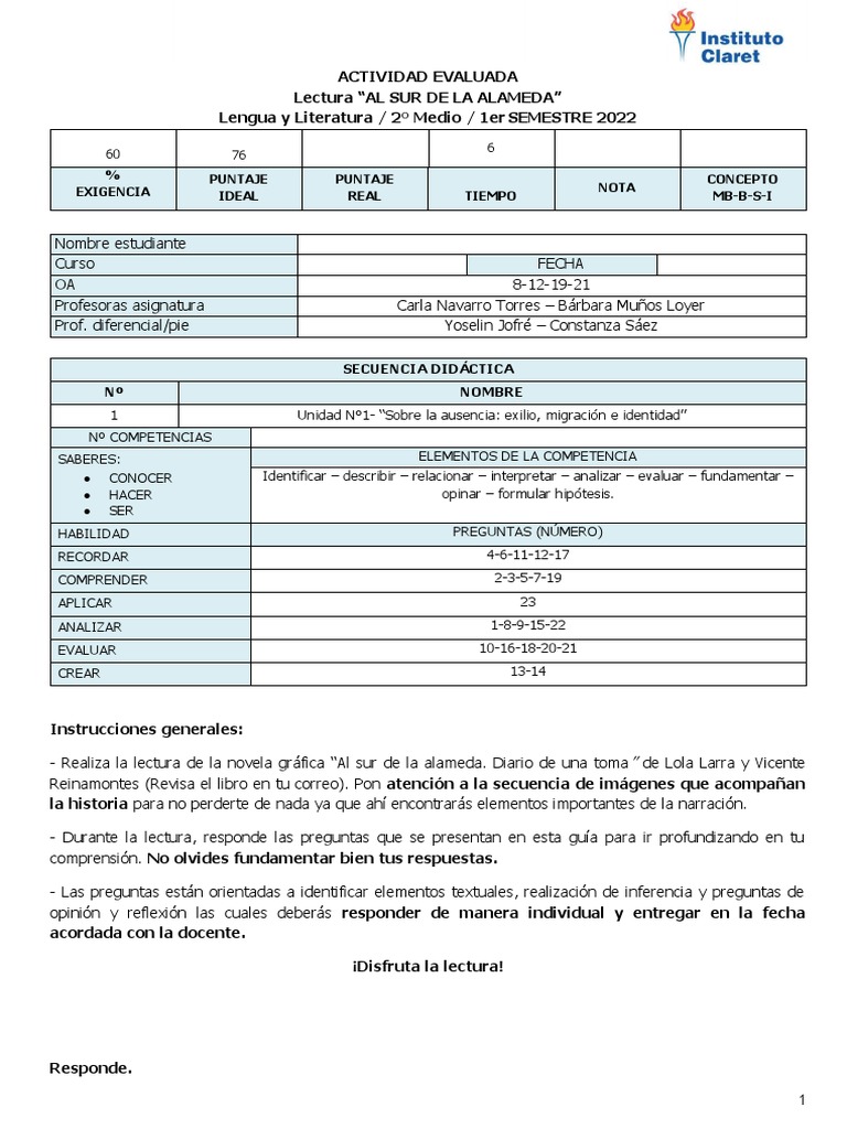 Guía de Actividades Lectura 2 "Al Sur de La Alameda" | PDF