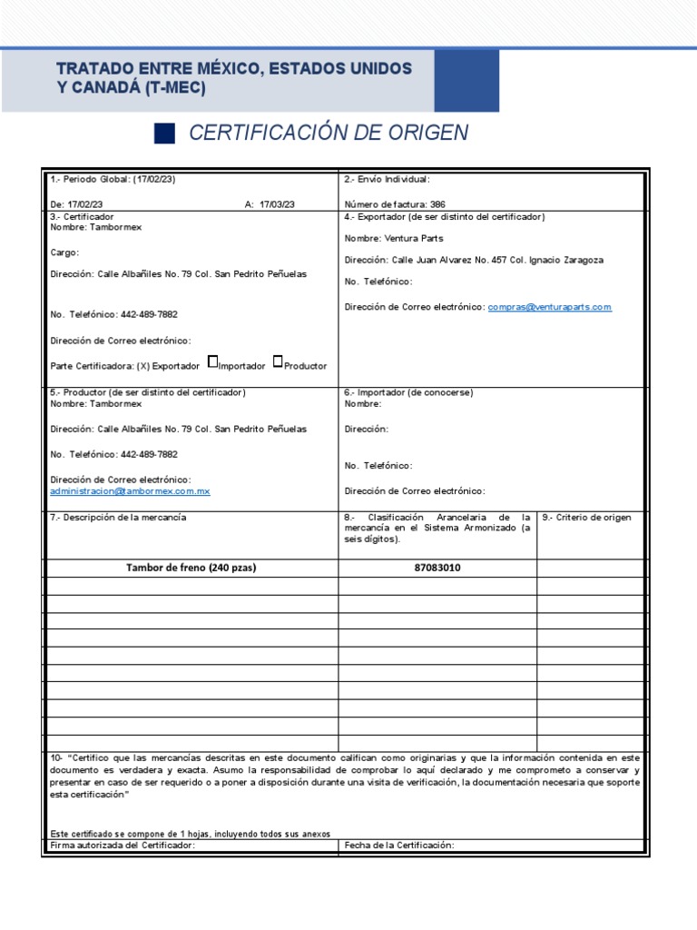 T-MEC Certificación de Origen | PDF