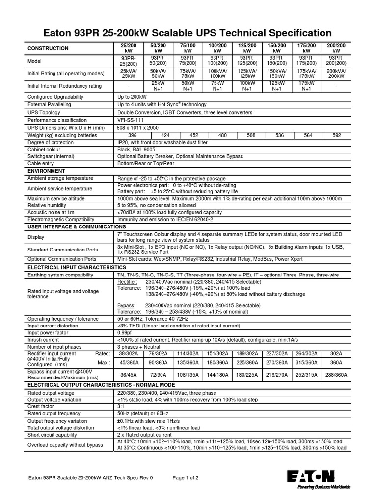 Eaton 93PR 25-200kW APAC Tech Spec Rev 0 | PDF