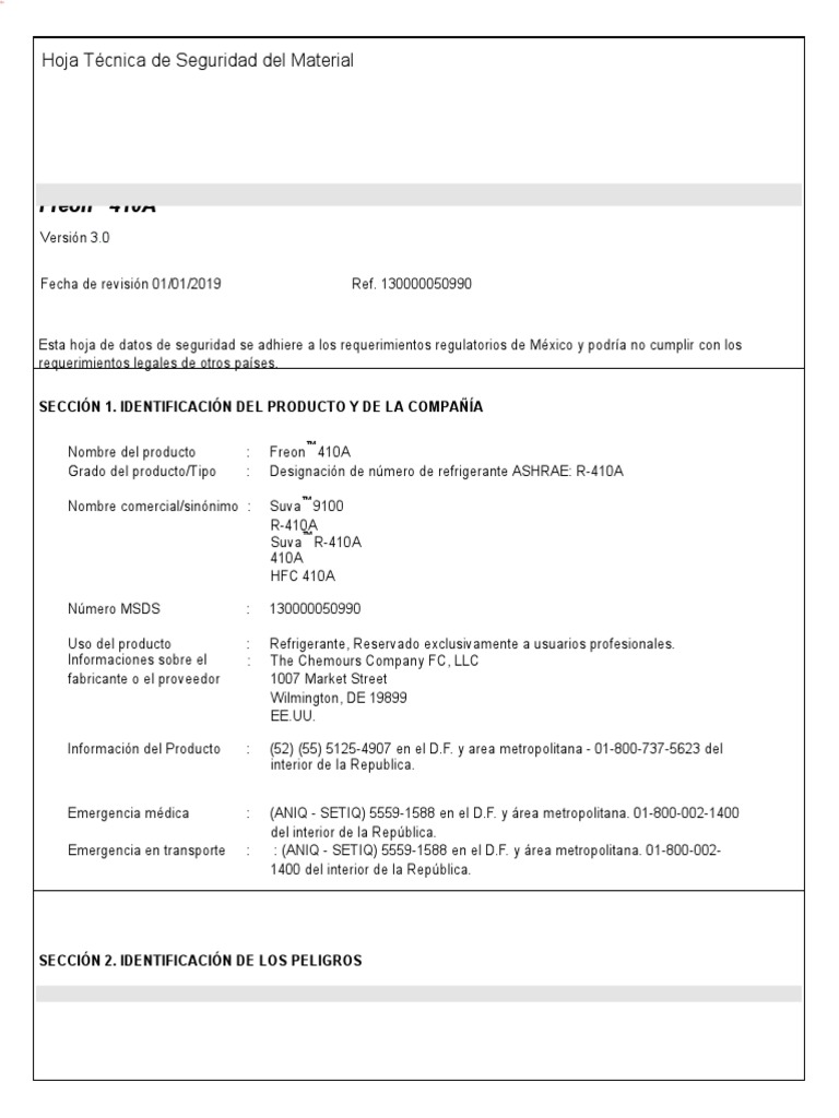 Freon 410a Chemours Msds 2019 | PDF