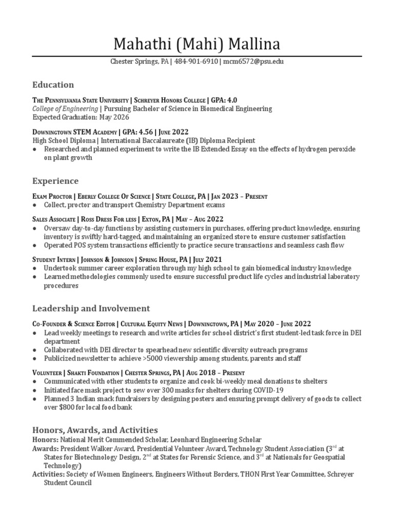 Mahathi Mallina Resume | PDF | Science