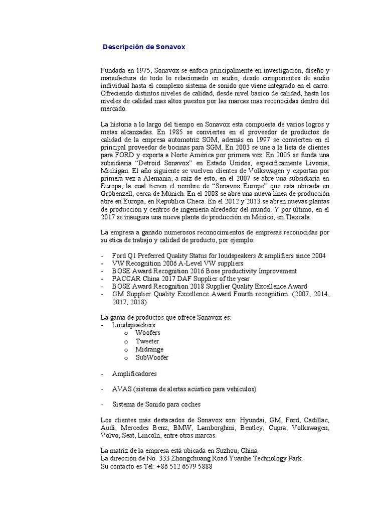 Descripción de Sonavox | PDF | Negocios | Tecnología