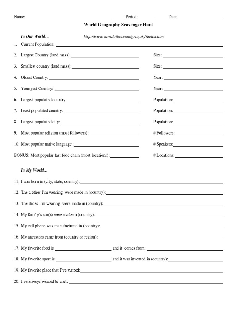 World Geography Scavenger Hunt | PDF