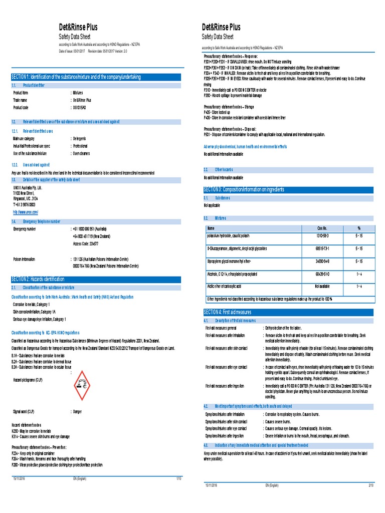 Det&Rinse Plus Det&Rinse Plus: Safety Data Sheet Safety Data Sheet | PDF