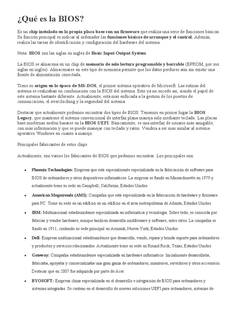 Funciones y Tipos de BIOS en PCs | PDF | Bios | Hardware de la computadora