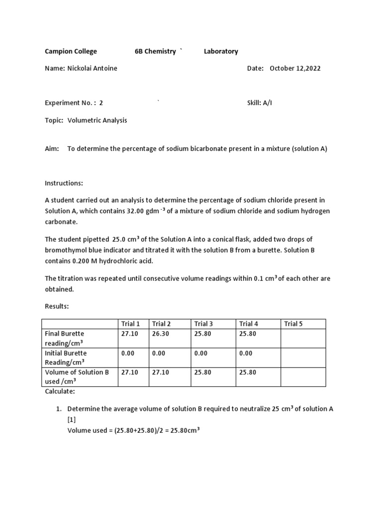 Campion College 6B Chemistry ' Laboratory | PDF | Chemistry | Titration