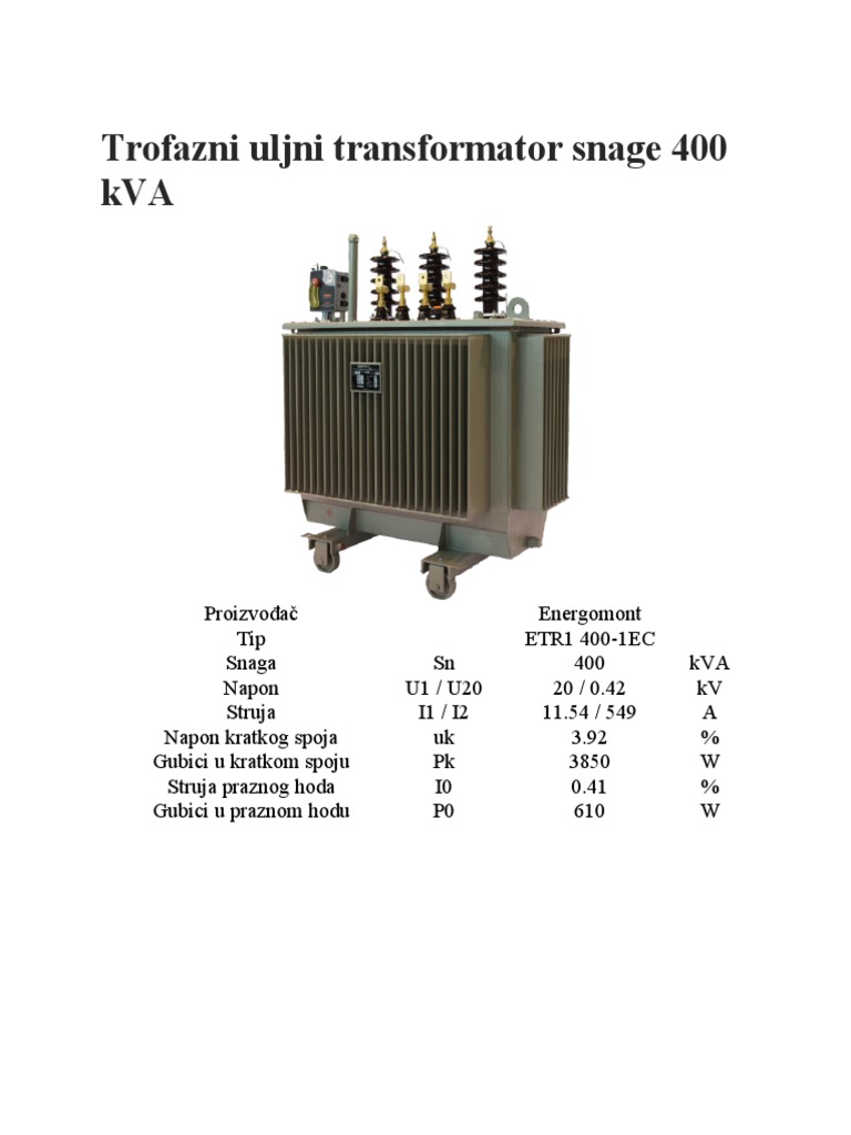 Trofazni Uljni Transformator Snage 400 kVA | PDF