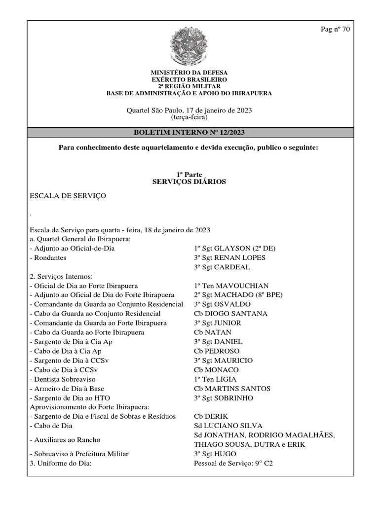 Boletim Interno 12/2023 do Exército | PDF | Férias trabalhistas ...