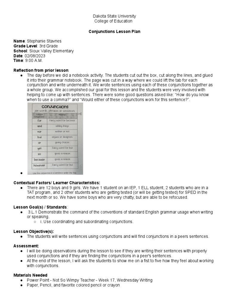 3rd Grade Conjunctions Lesson Plan | PDF | Cognition | Learning