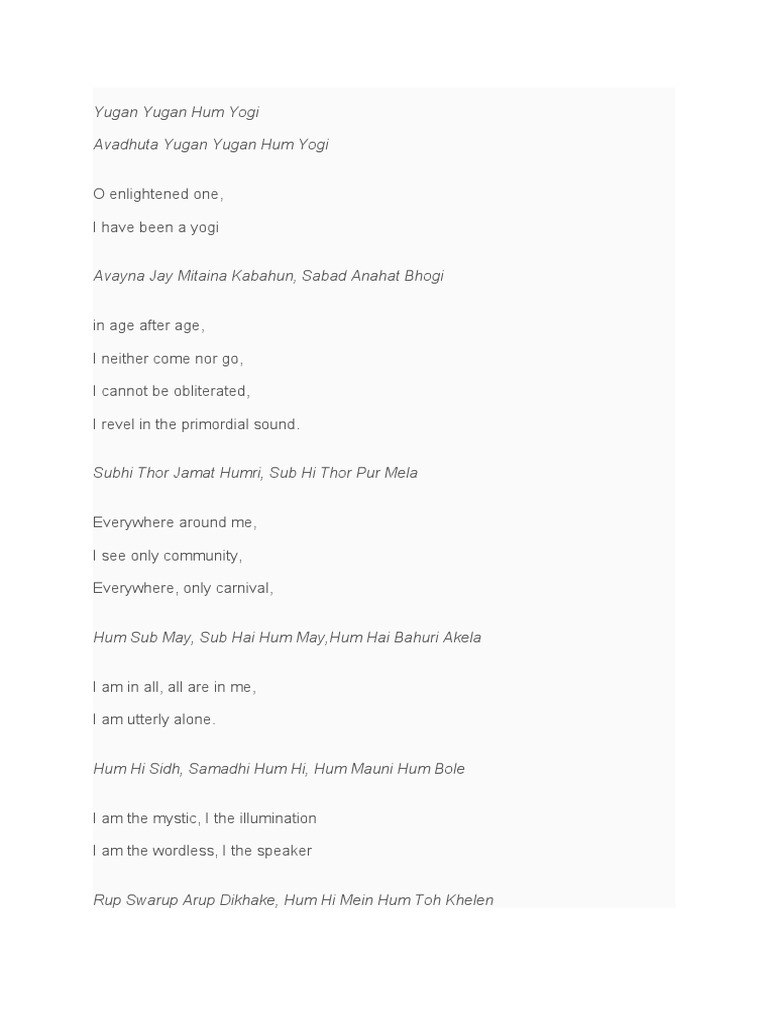 Yugan Yugan Hum Yogi Lyrics Explained | PDF | Self-Improvement