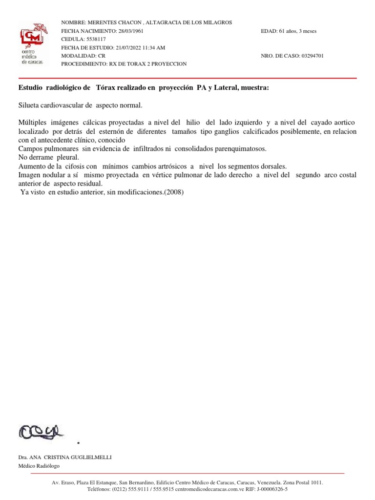 Estudio Radiológico de Tórax Realizado en Proyección PA y Lateral ...