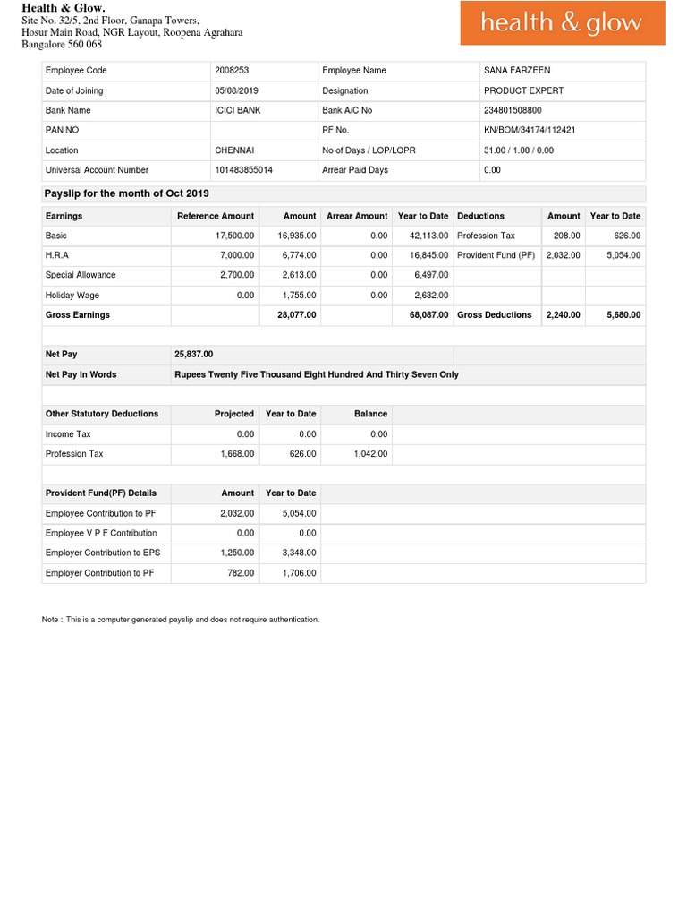 Payslip For The Month of Oct 2019: Note: This Is A Computer Generated ...