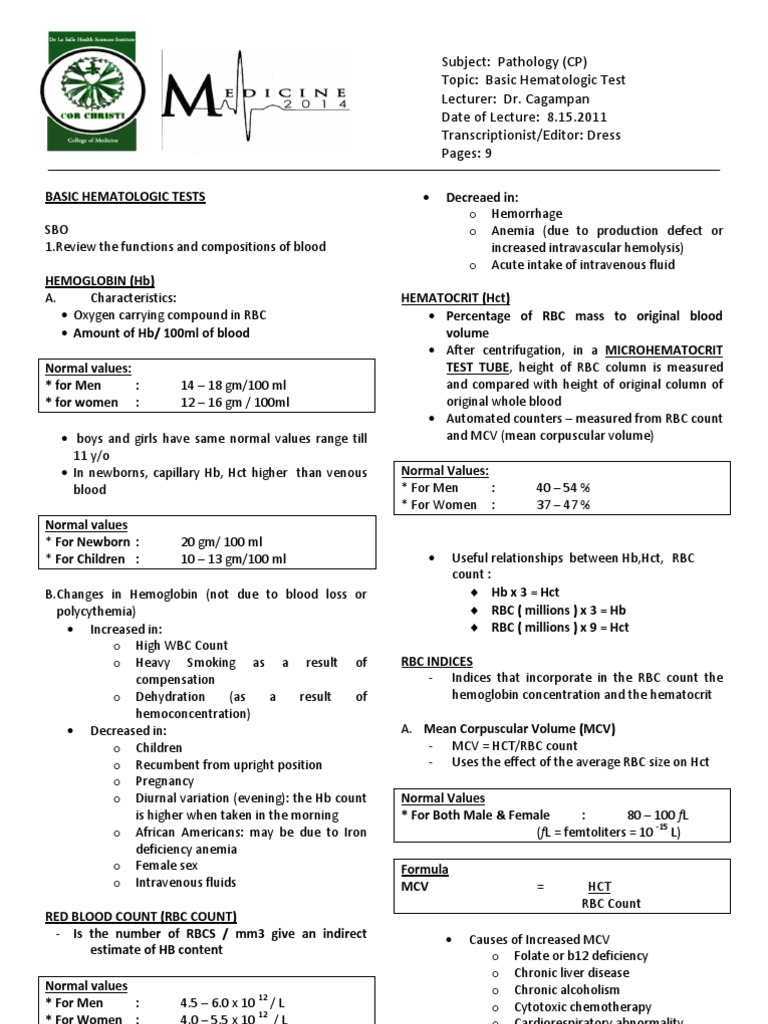 Overview of Basic Hematologic Tests | PDF | Anemia | Red Blood Cell