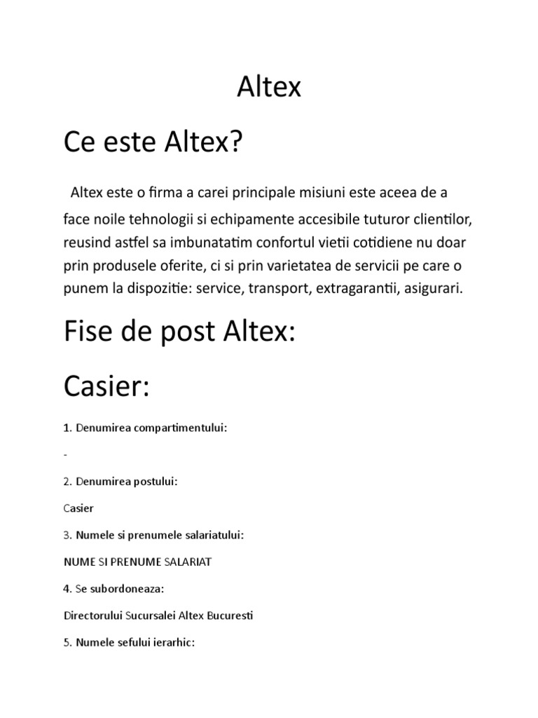 Proiect M2 Fise de Post Si Organigrama Altex | PDF
