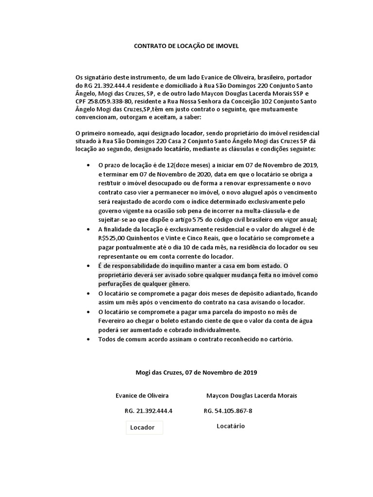 Contrato de Locação de Imovel: Locatário Locador | PDF