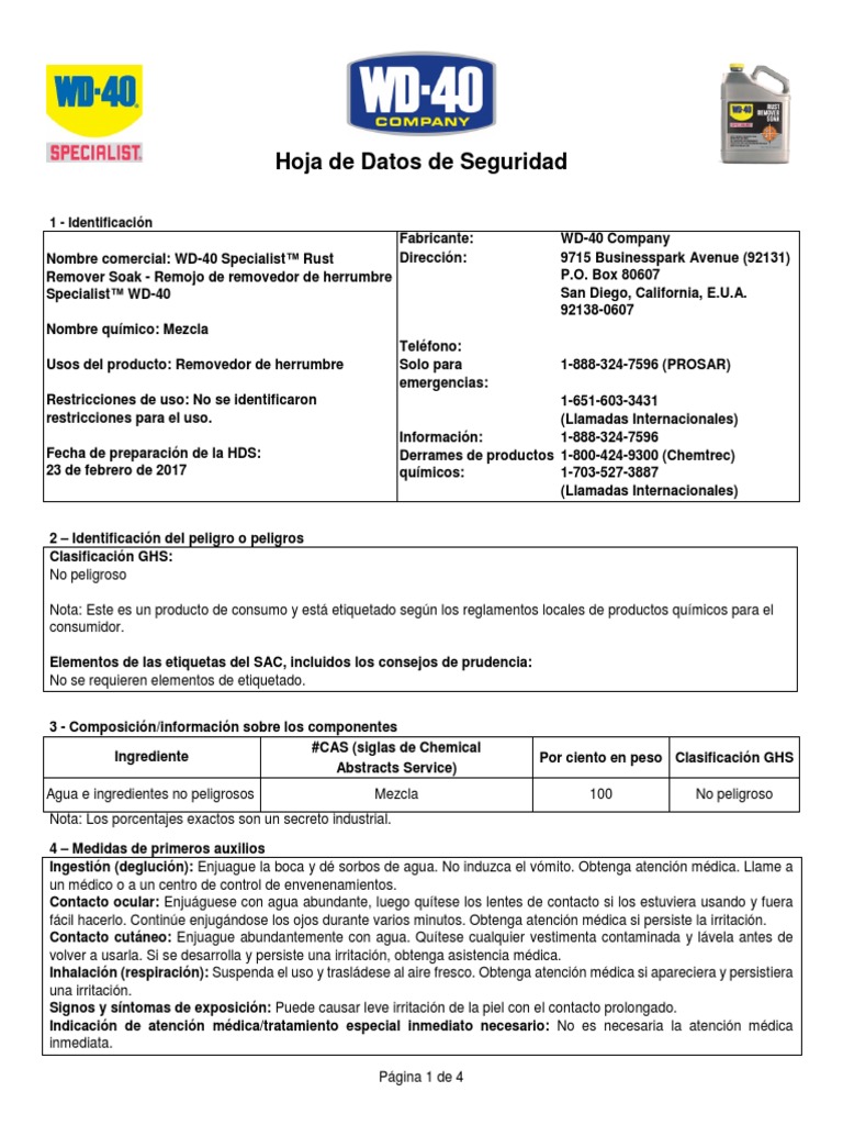 Hoja de Seguridad-Wd-40-Specialist-Rust-Remover-Soak-Spanish-300042 | PDF