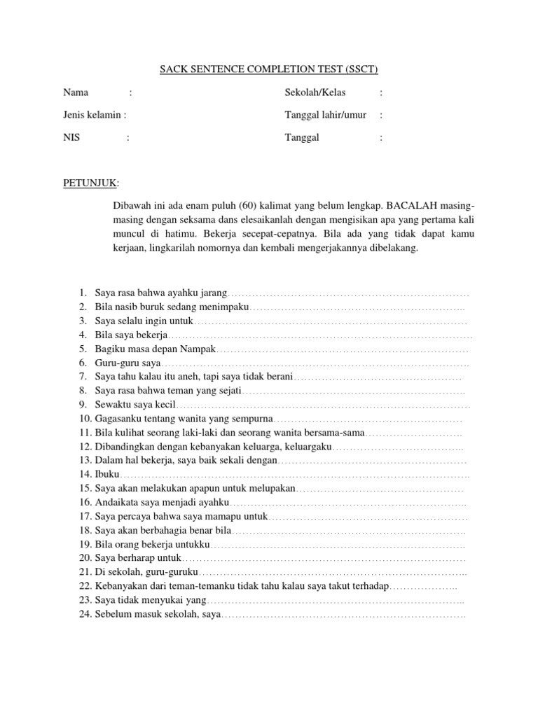 Sack Sentence Completion Test | PDF | Olahraga & Rekreasi | Game ...