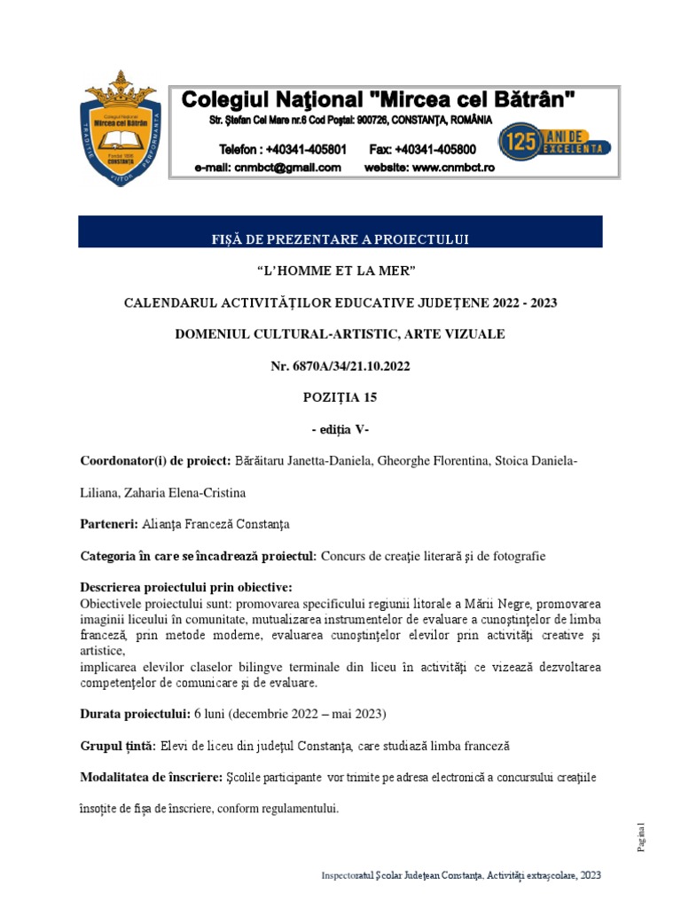 Fisa de Prezentare-Promovare Proiect Educativ 2023 - L'Homme Et La Mer ...