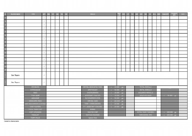 Blood Bowl 2020 Roster League Blank | PDF