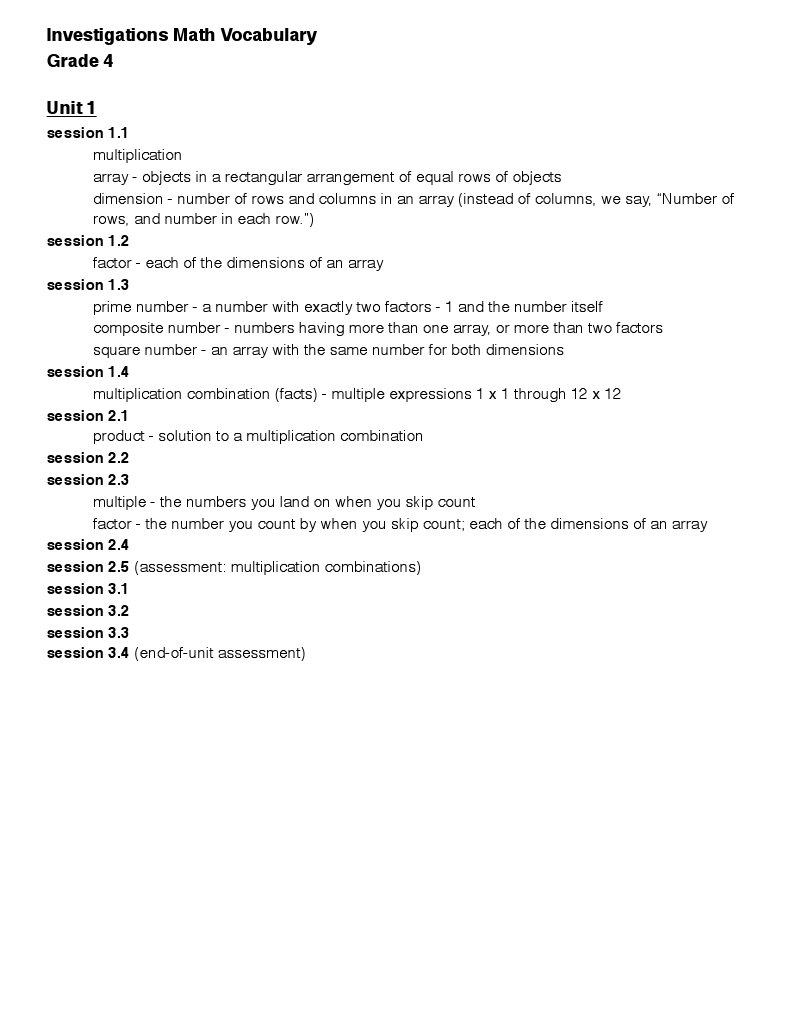 Investigations Math Vocabulary Grade 4 Unit 1: Session 1.1 | PDF ...