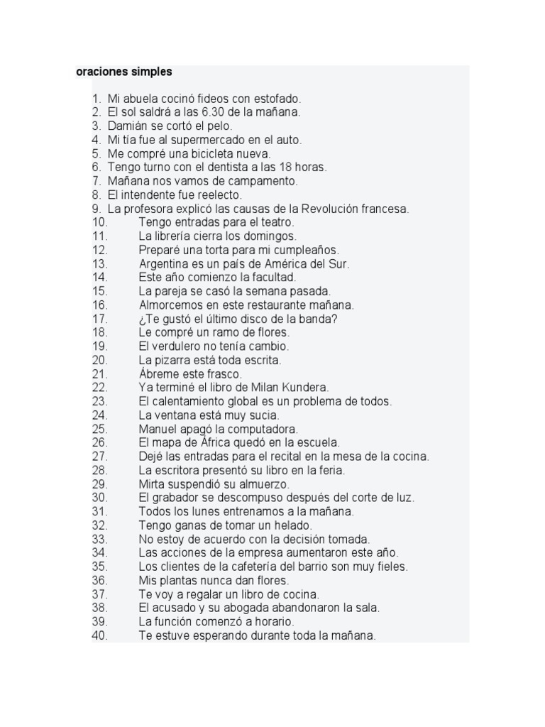 40 Oraciones Simples 40 Verbos 20 Oraciones Compuestas 5 Ejemplos de ...