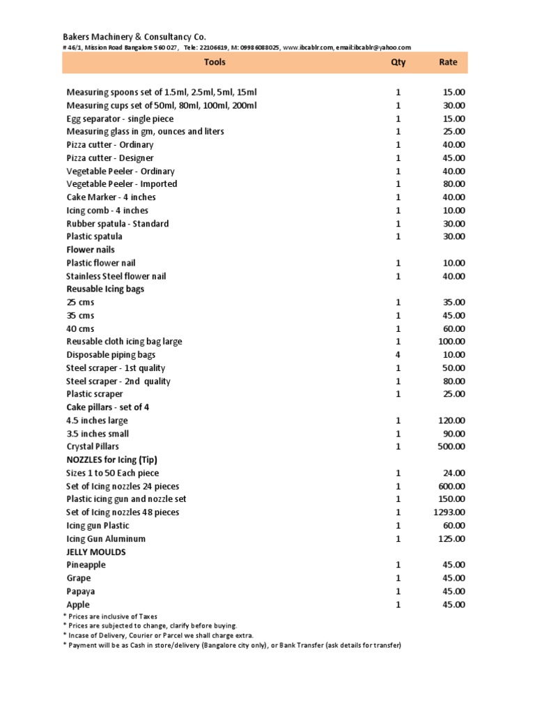 BMC Baking, Raw-Material and Tool Prices | PDF | Cakes | Chocolate