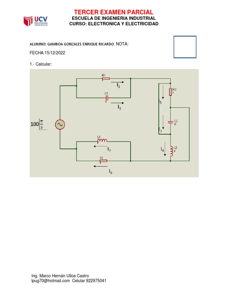 Tercer Examen Parcial: Escuela de Ingenieria Industrial Curso: Electronica Y Electricidad | PDF ...
