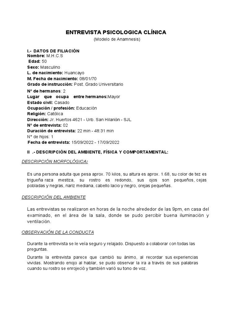 Inf - Anamnesis - Esquema de Entrevista Psicologica Clinica.m.h.c | PDF