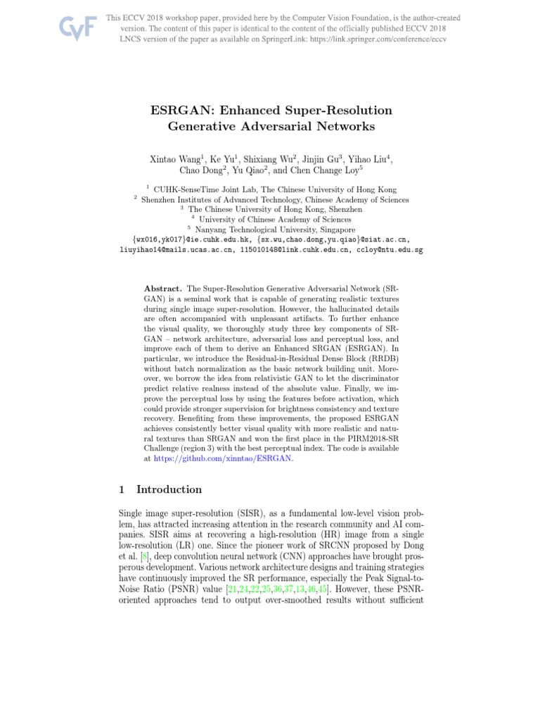 ESRGAN: Enhanced Super-Resolution Generative Adversarial Networks | PDF | Deep Learning ...