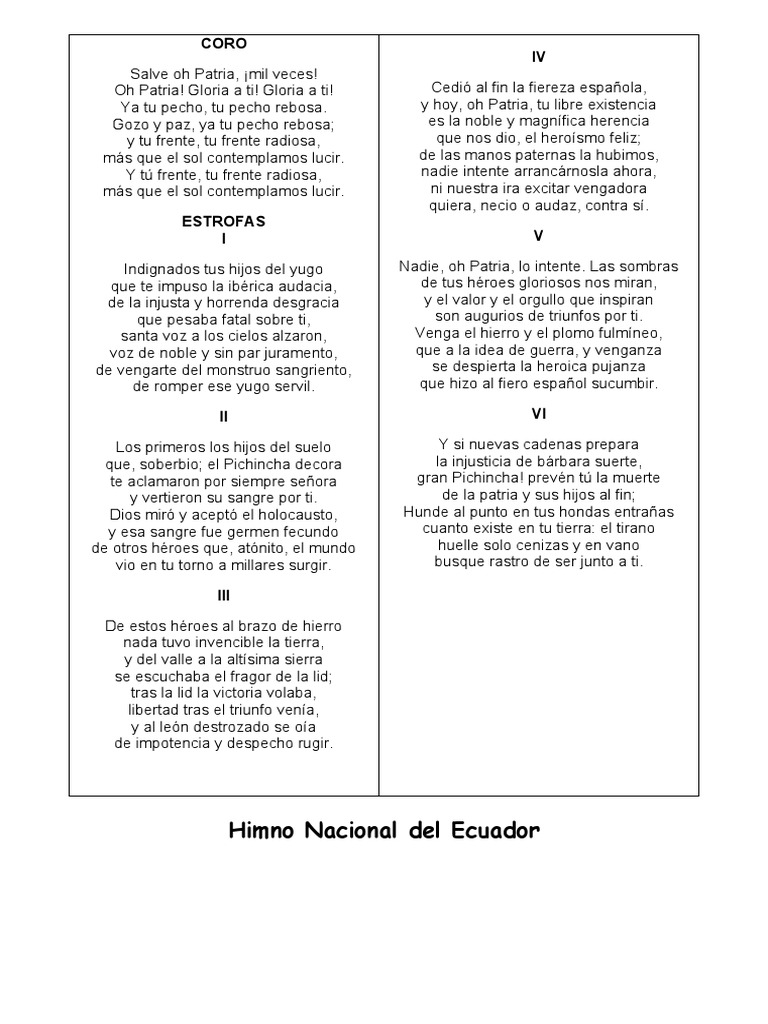 Himno Nacional Completo de Ecuador | PDF | Canciones patrióticas