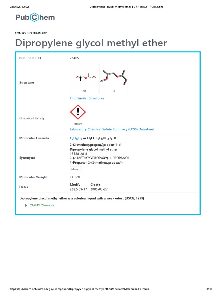 Dipropylene Glycol Methyl Ether - C7H16O3 - PubChem | PDF | Toxicity ...