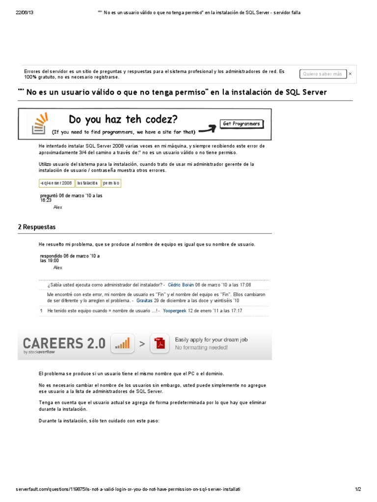 2 No Es Un Usuario Válido O Que No Tenga Permiso En La Instalación De Sql Server Pdf