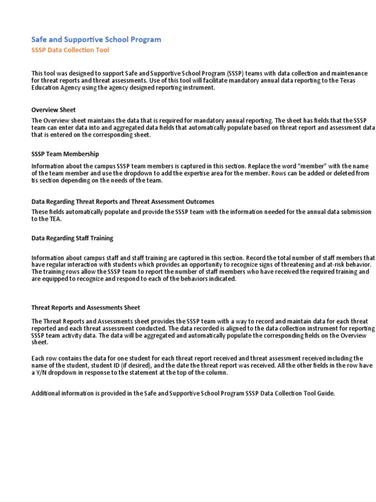 Safe and Supportive School Program: SSSP Data Collection Tool | PDF