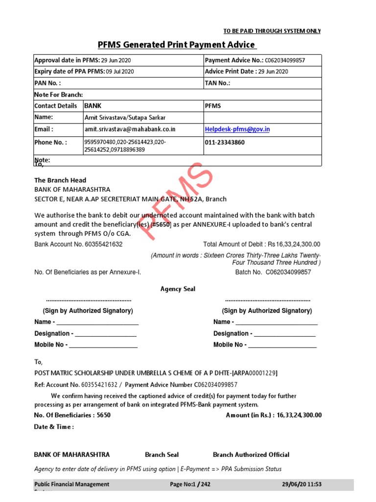 PFMS Generated Print Payment Advice | PDF | Banking | Payments
