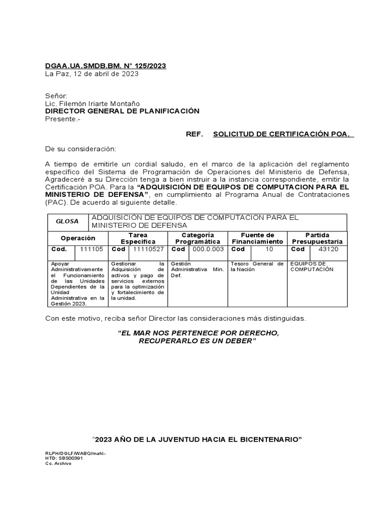 Oficio 125 - Solicitud de Cetificación POA Equipos de Computación | PDF