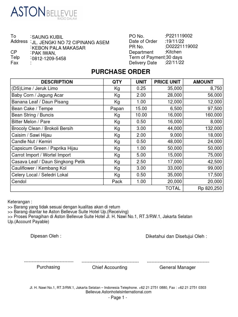 Contoh Purchase Order Restoran | PDF