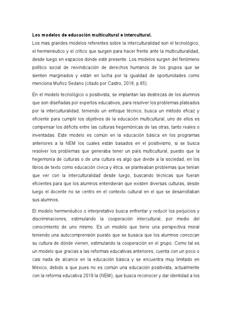 Los Modelos de Educación Multicultural e Intercultural | PDF | Multiculturalismo | Plan de estudios