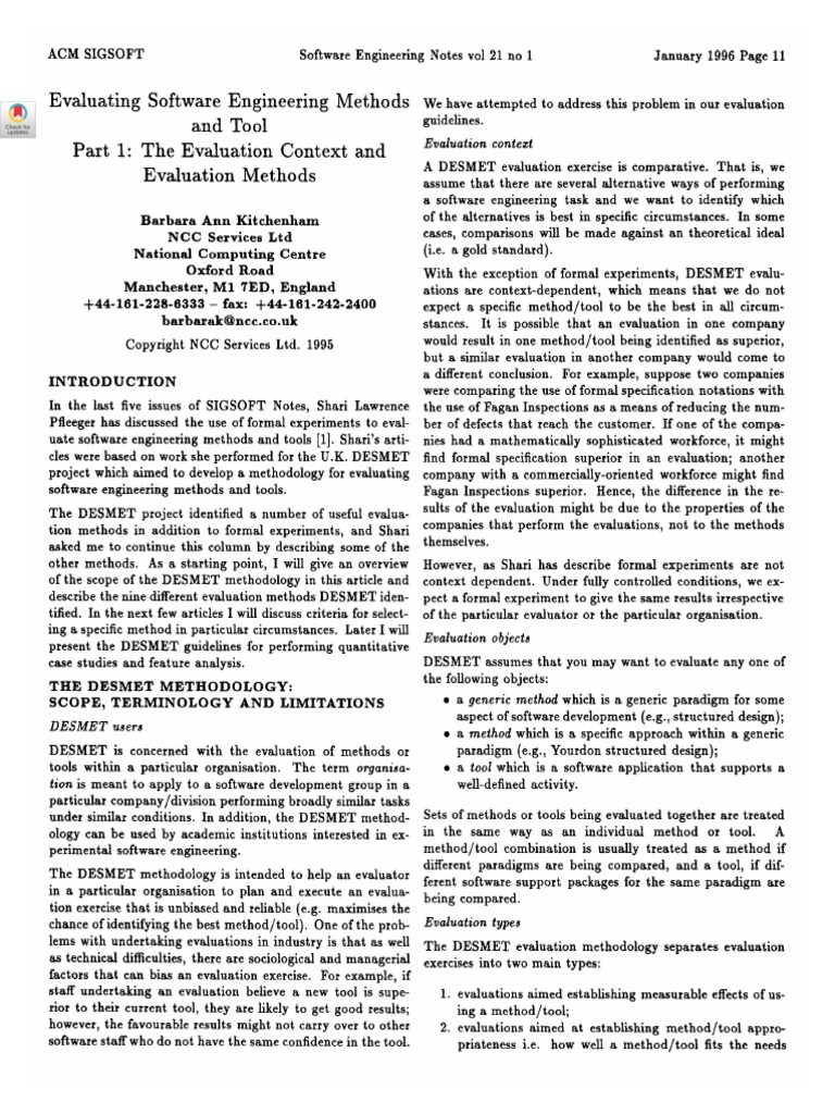 Evaluating Software Engineering Methods and Tool Part 1: The Evaluation Context and Evaluation ...